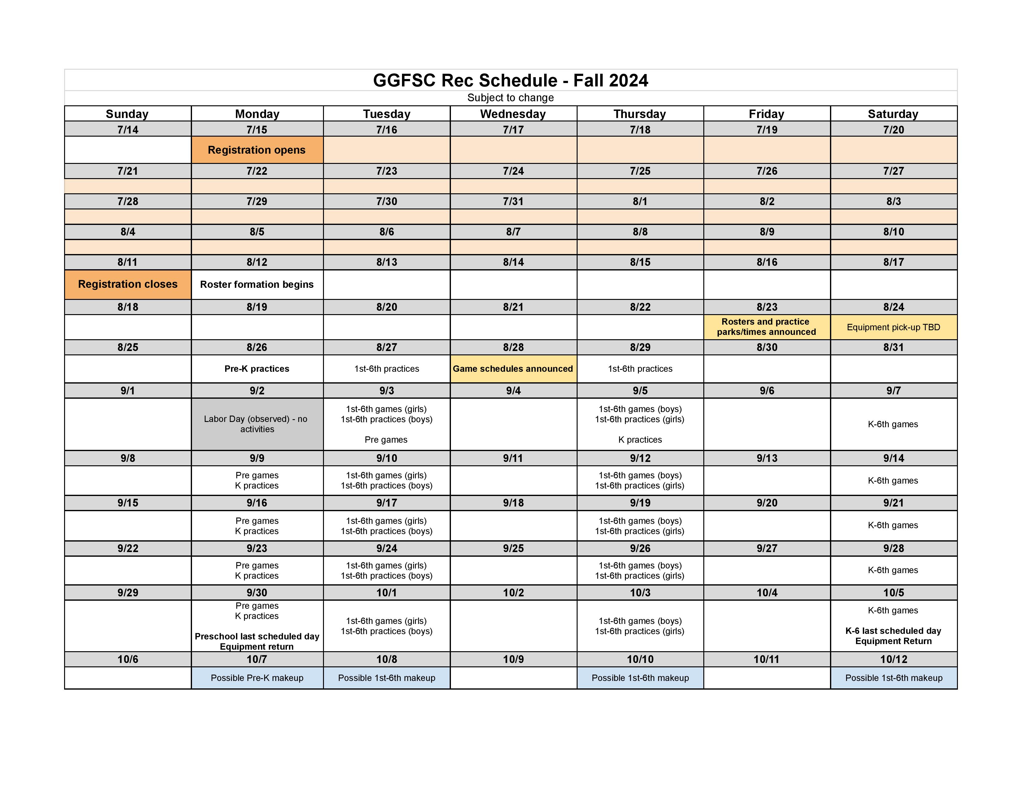 Rec Soccer Master Calendar